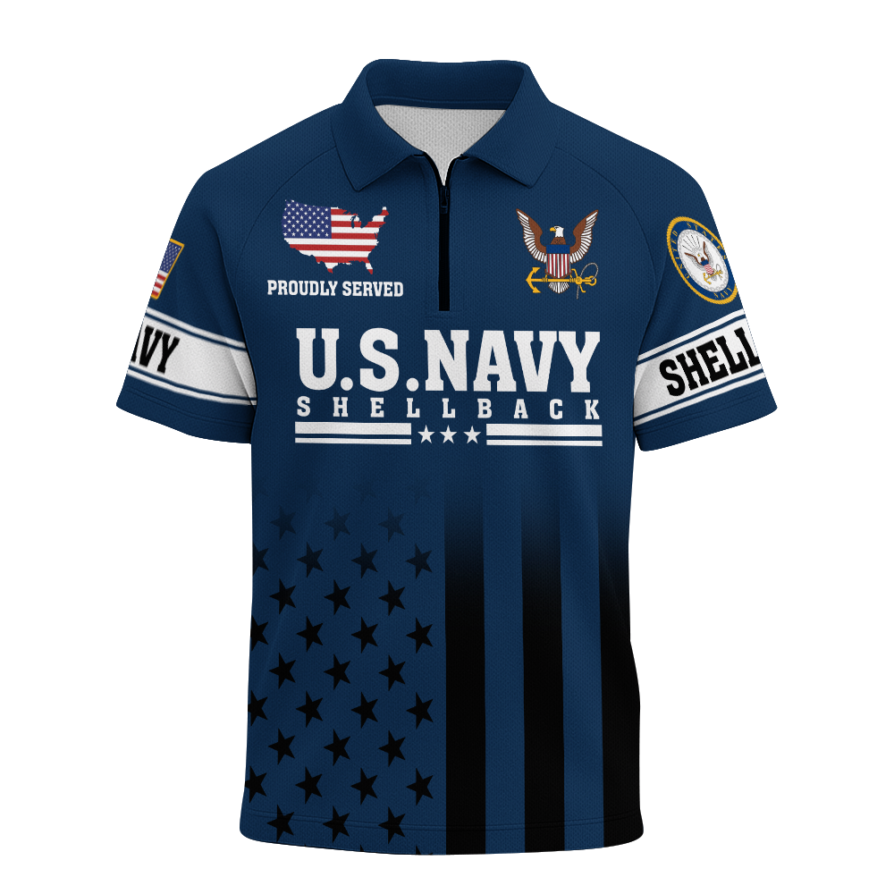 Navy Shellback Ancient Order Of The Deep Raglan Zip Polo Shirt