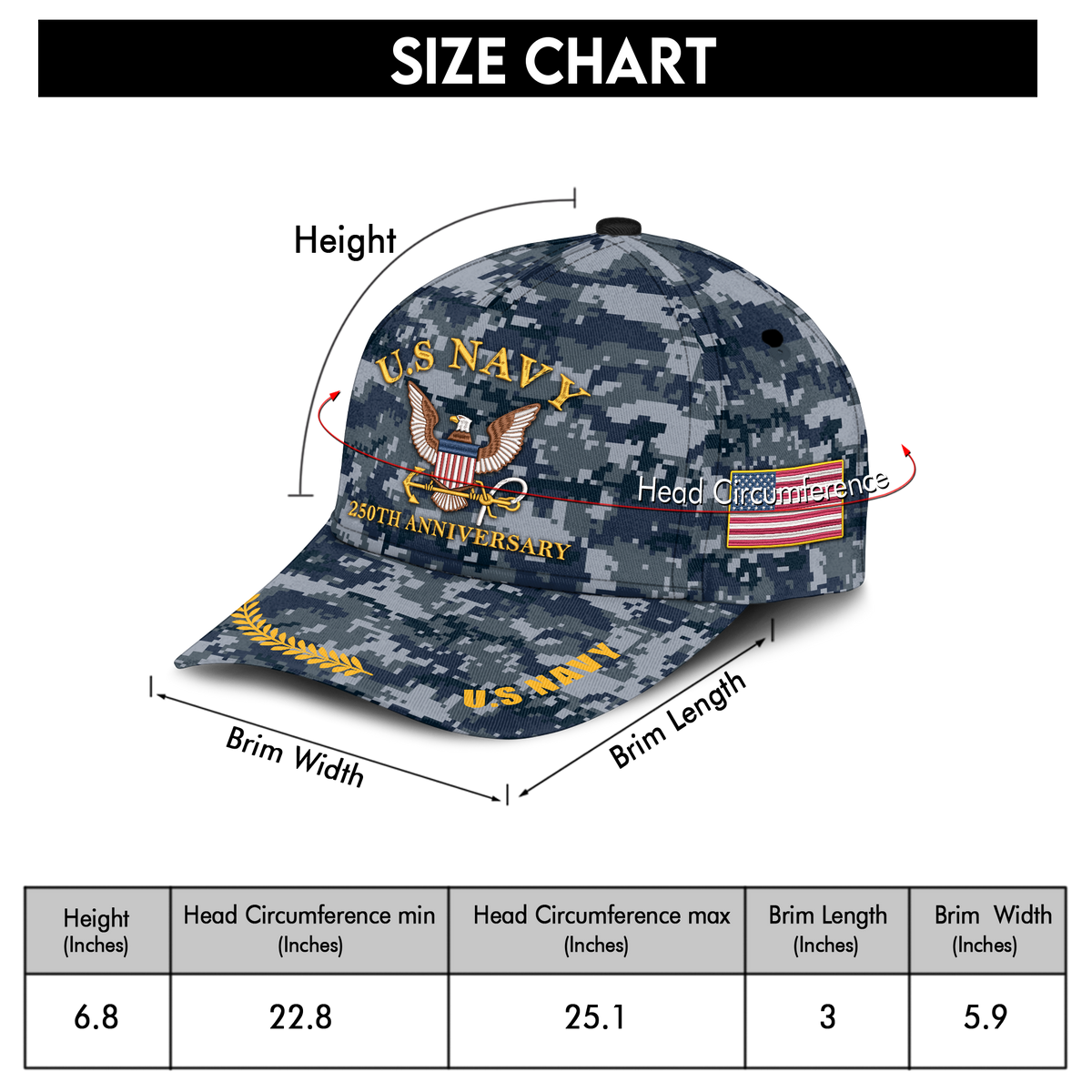 Navy 250th Anniversary Embroidered & Printed Cap