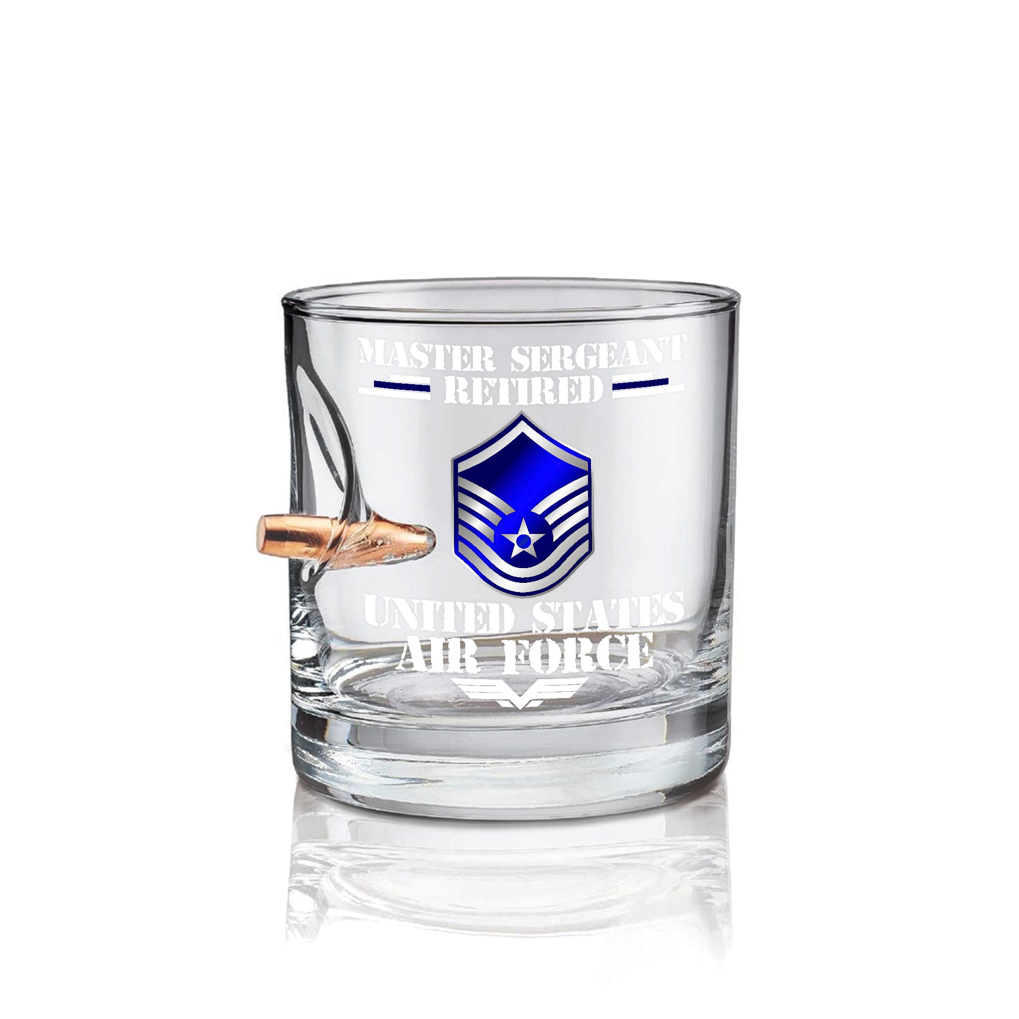 Air Force Master Sergeant Retired Bullet Whiskey Glass